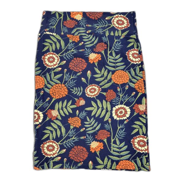 Lularoe Skirts Lularoe Cassie Pencil Skirt Size Med Navy Blue Rust Tan Stretch Knee Floral